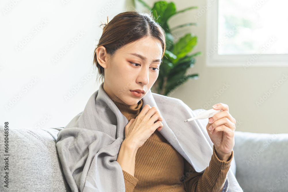 Sick Influenza Asian Young Woman Girl Headache Have Fever Hand