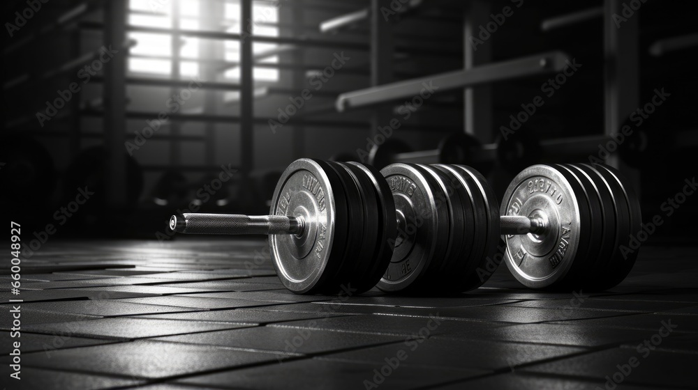 Fitness concept background with bodybuilding equipment such as ...