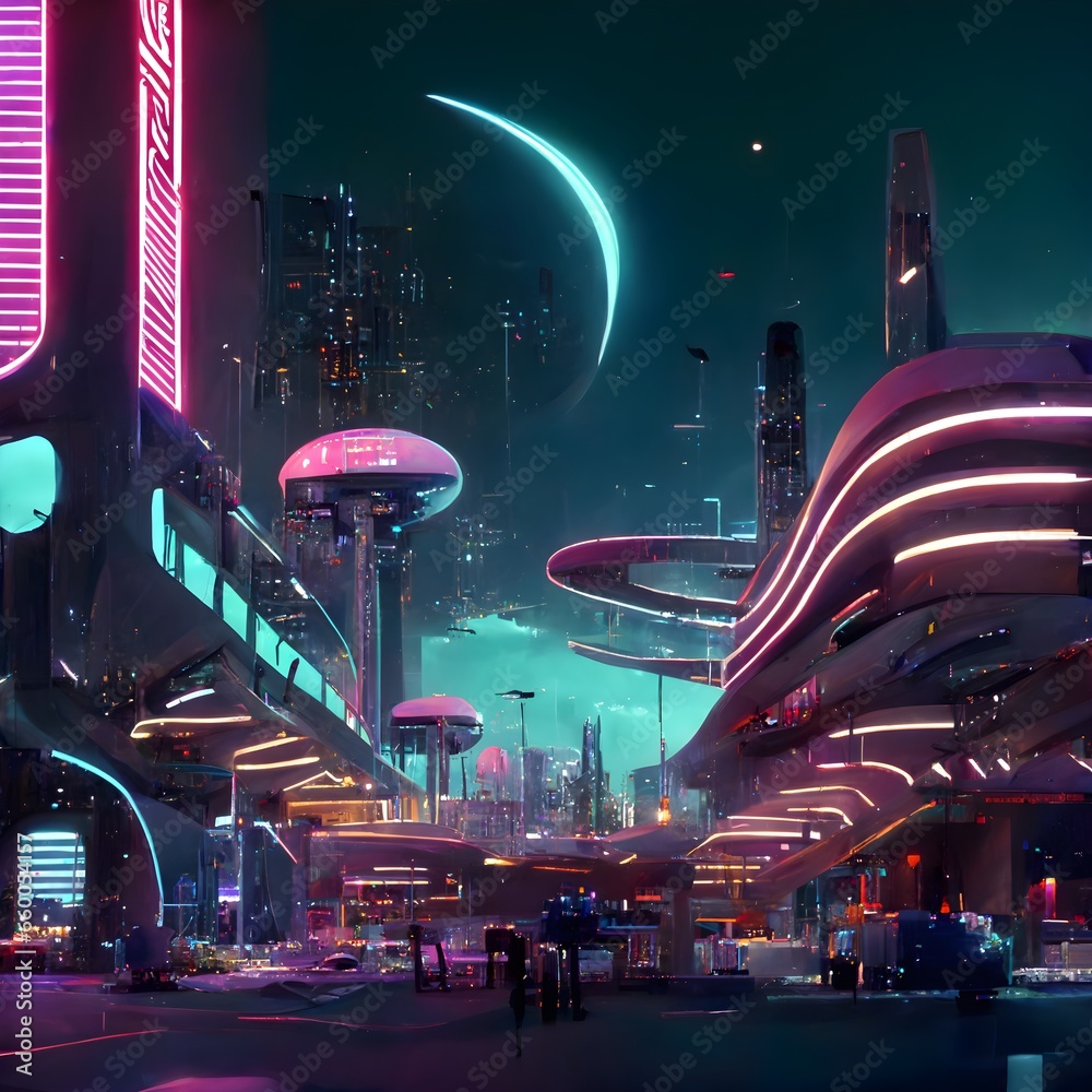 lofi space city futuristic night time neon lights space buildings inter ...