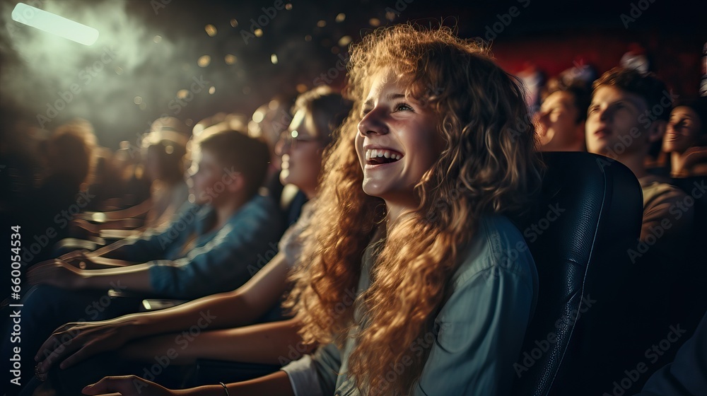 teenagers watching a funny movie in the cinema. crowd of happy ...