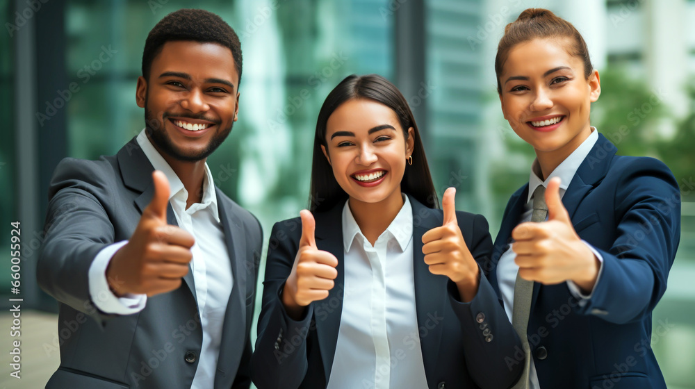 THUMBS UP. TEAM, GROUP OF POSITIVE BUSINESS PEOPLE GIVING THUMBS UP AND ...