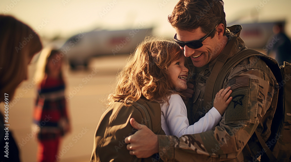 A proud American soldier in uniform reunites with his family on the ...