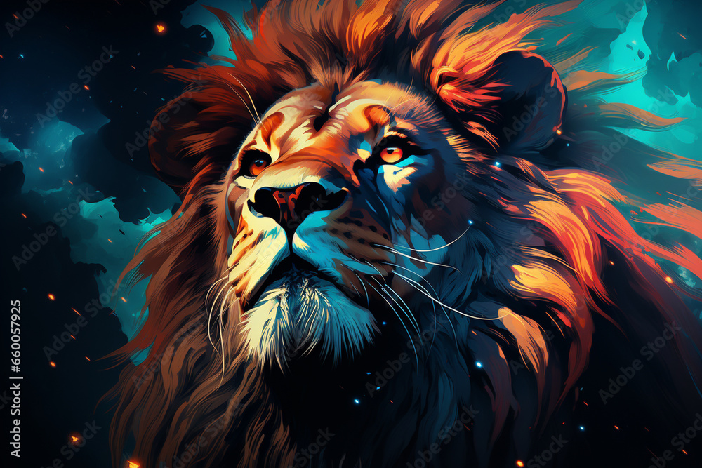 lion head in space, in the style of chromatic landscapes, dark orange ...