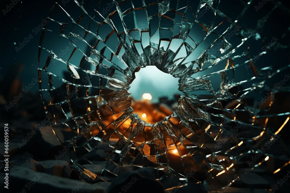 Bullets path left circular cracks emanating from shattered windows hole ...