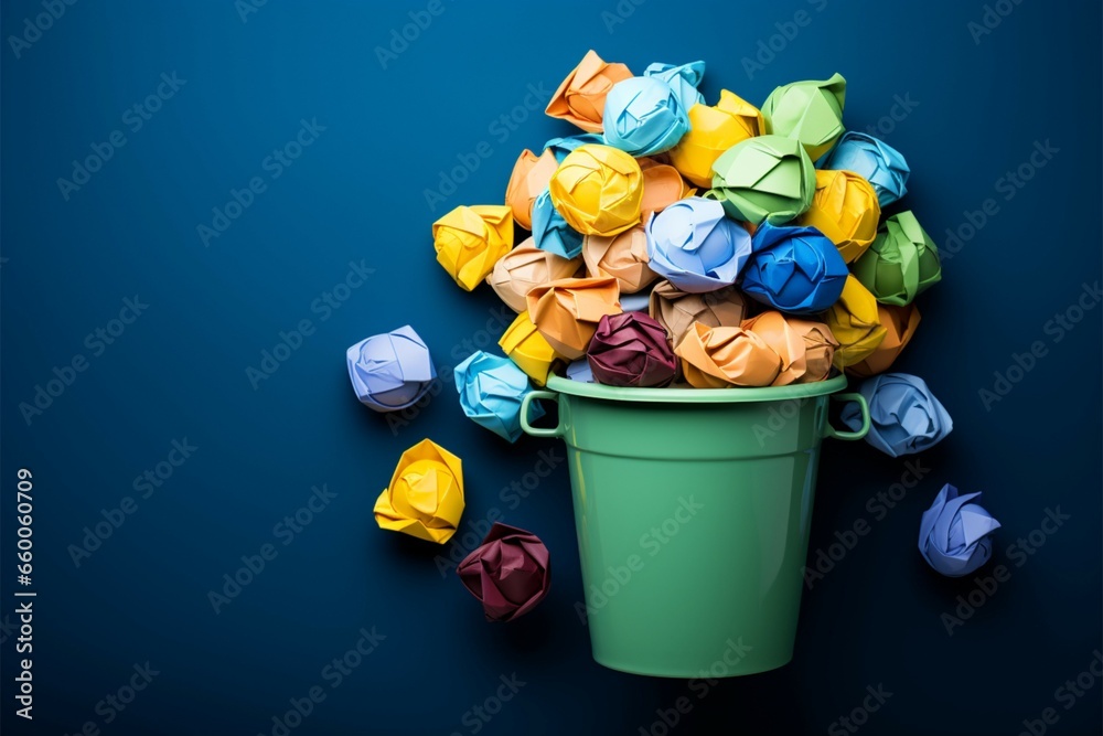 Colored paper balls in blue recycle bin illustrate paper recycling ...