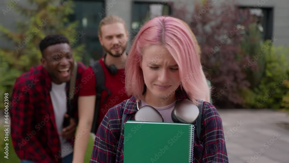 Group multiracial students teens classmates showing thumb down mock ...