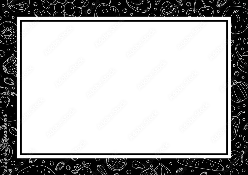 hand drawn fruit, vegetable, nut symbols in frame. doodle fruit ...