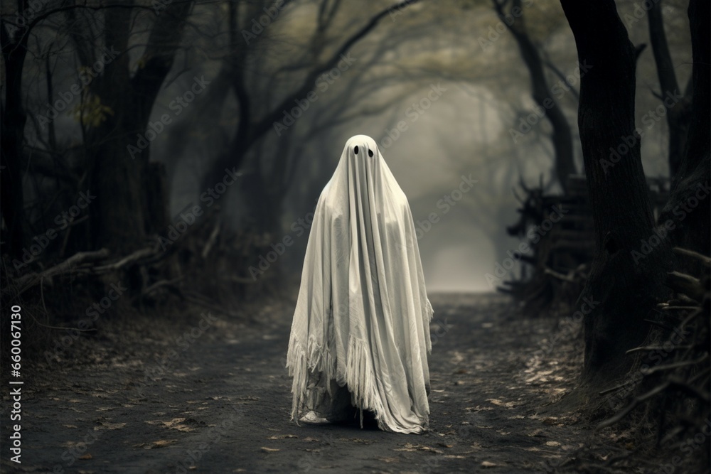 Spooky ghost shrouded in white sheet haunts a rustic trail Stock ...