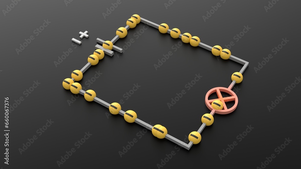 electrons flowing on a basic circuit electric scheme 3d illustration ...