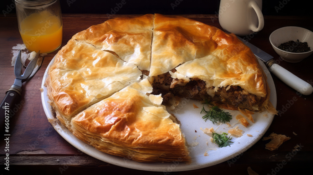 Burek, minced beef-filled pastry phyllo dough. Traditional food ina ...