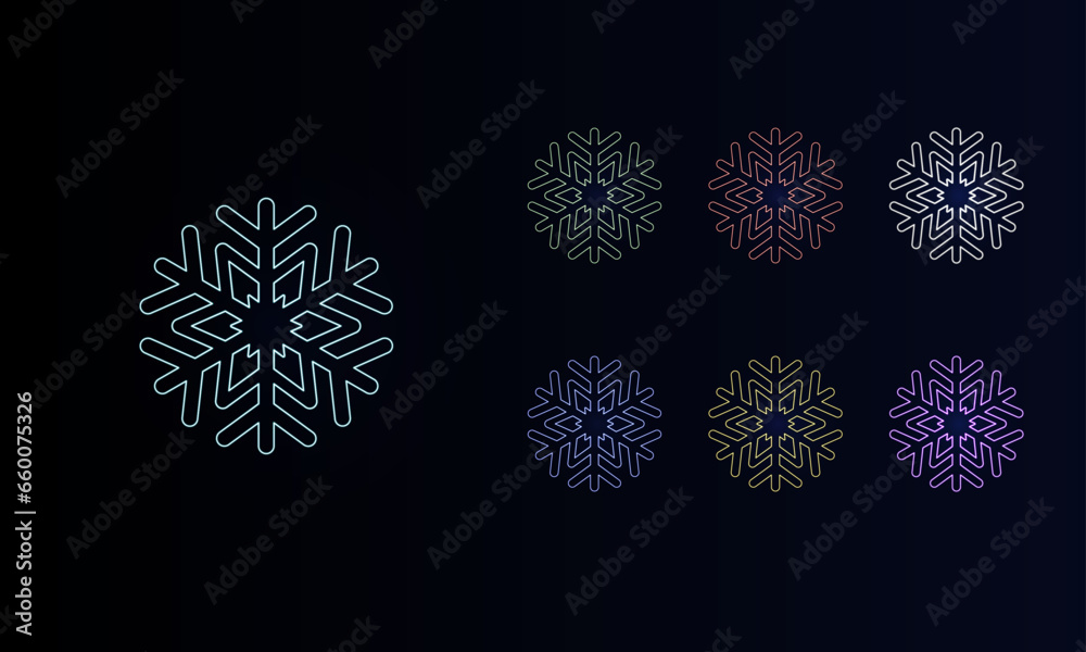 A set of neon snowflake symbols. Set of different color symbols, faint ...