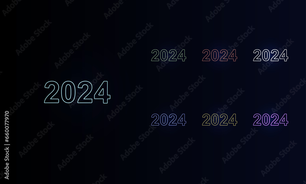 A set of neon 2024 year symbols. Set of different color symbols, faint ...