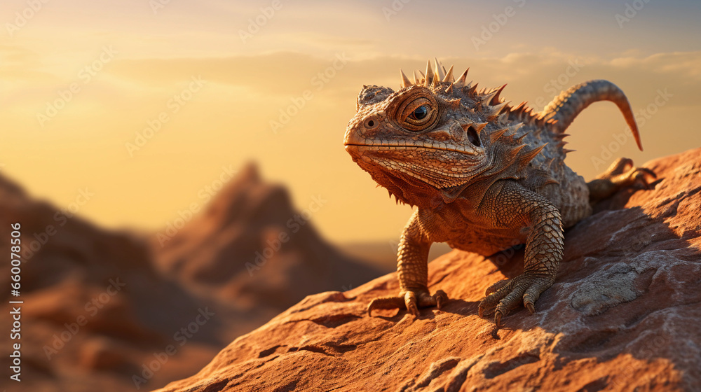 Desert landscape at sunset, featuring a horned lizard in striking pose ...