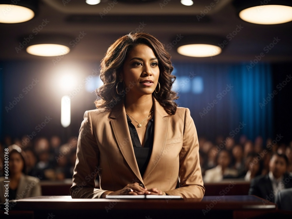 An empowering scene captures a confident female speaker standing at a ...
