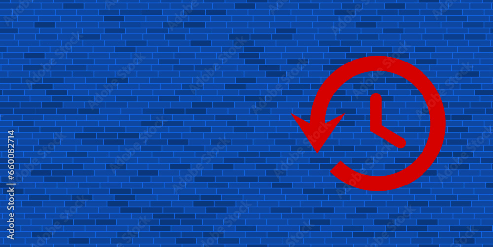 Blue Brick Wall with large red time back symbol. The symbol is located ...