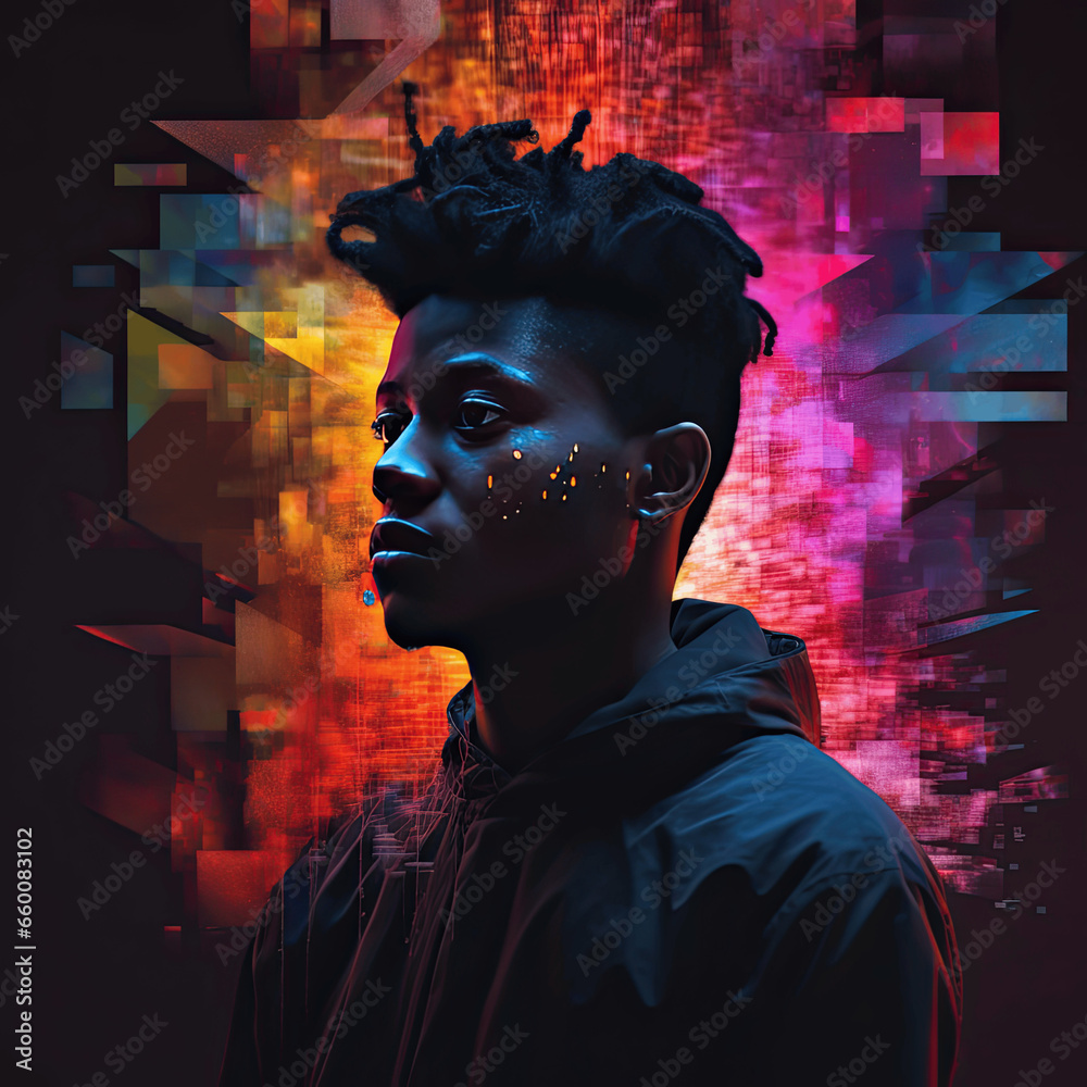 Colorful techno music album cover with a DJ isolated from a dark ...