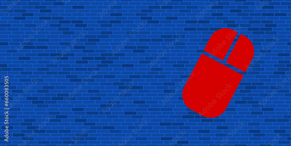 Blue Brick Wall with large red computer mouse symbol. The symbol is ...