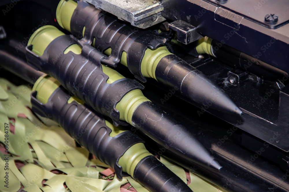 Close up of of bullets 11,8mm caliber in a coaxial machine gun, exposed ...