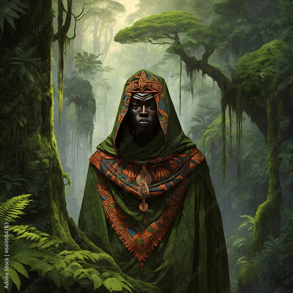 In the heart of a lush rainforest, a mysterious being draped in a cloak ...