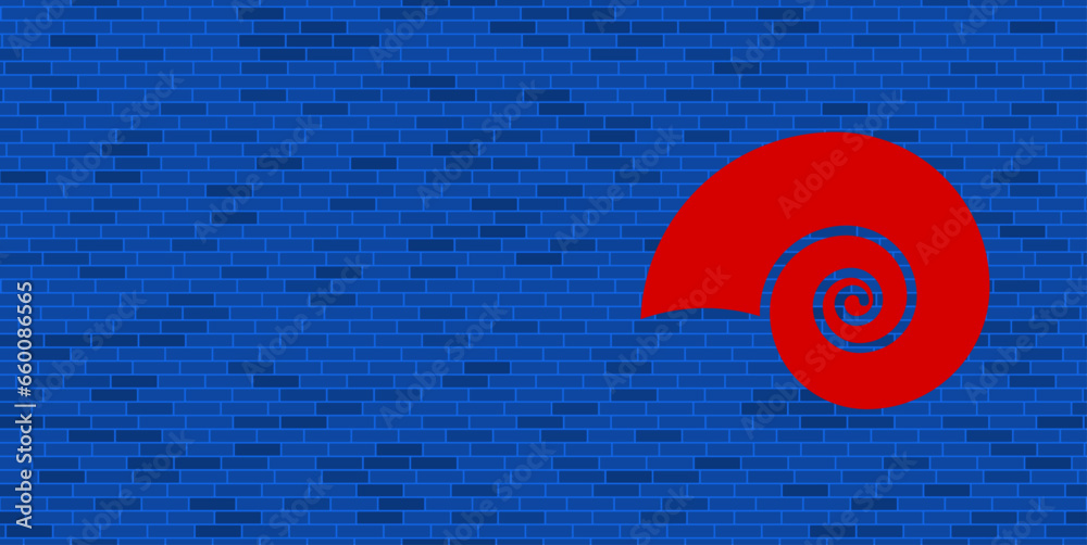 Blue Brick Wall with large red marine nautilus symbol. The symbol is ...