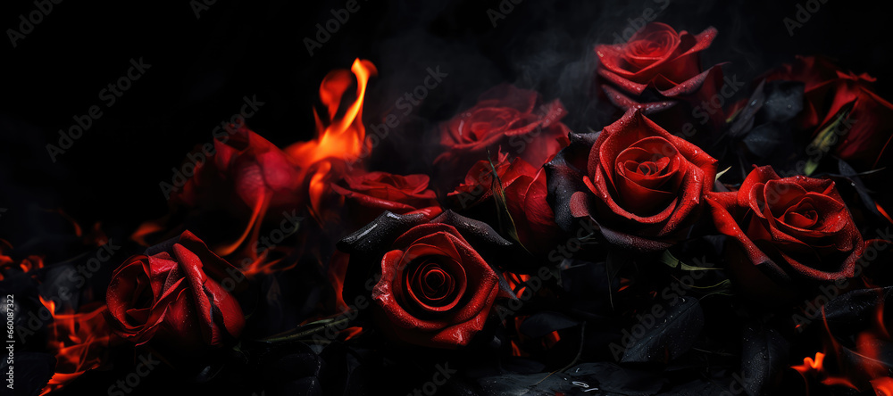 Red roses on a black background with a lot of smoke and fire Stock イラスト ...