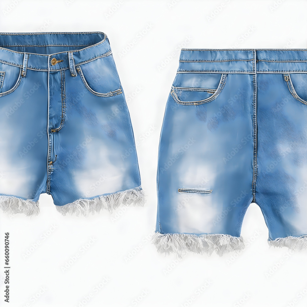 Playful denim cutoff shorts mock up template, front and back view ...