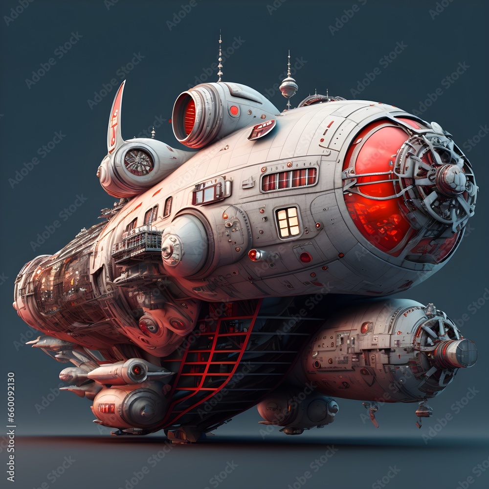 huge vintage spaceship in gray and red color clear space and planets in ...