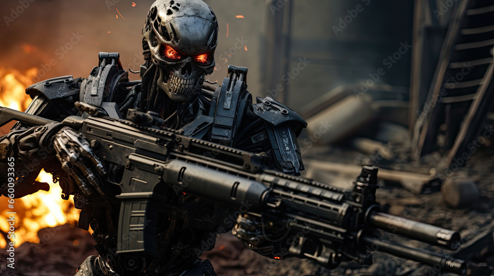 Damaged metal skeleton robot, without human shell, humanoid with ...