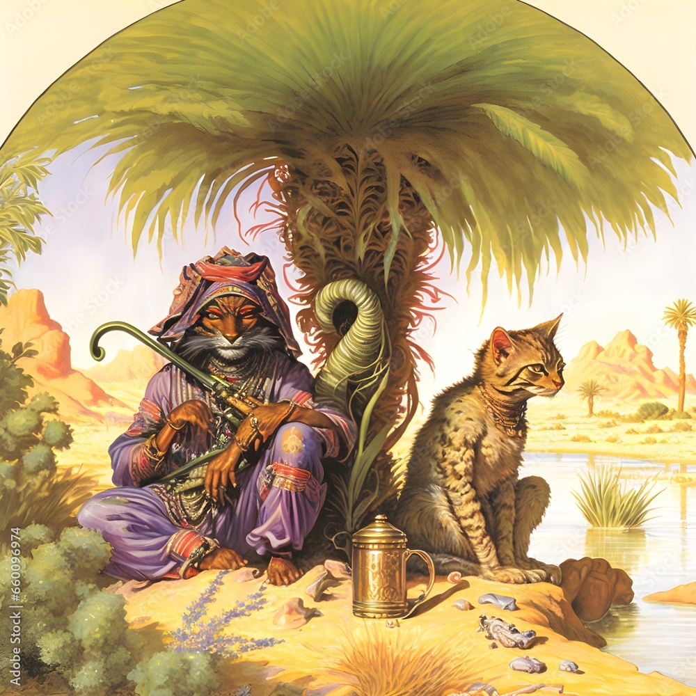 two cat beastman rests beneath a palm tree beside a stream in the ...