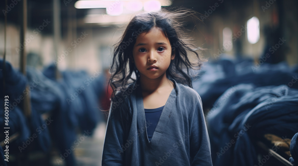 Small Asian girl's portrait with blurred textile factory background ...