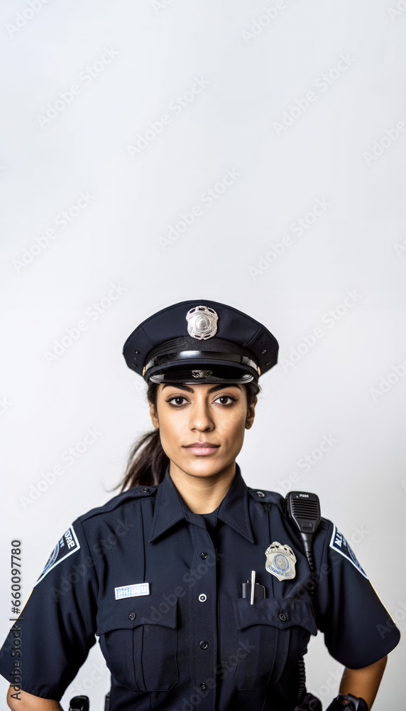 Mixed race woman wearing uniform, police officer or cop, studio ...