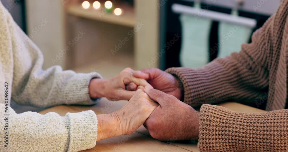 Prayer, holding hands or old couple with support, trust or hope in ...