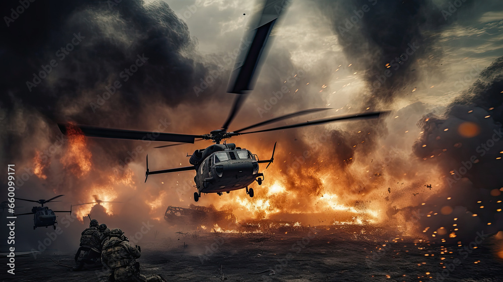 Military forces and helicopters between fire and bombs in battle field ...