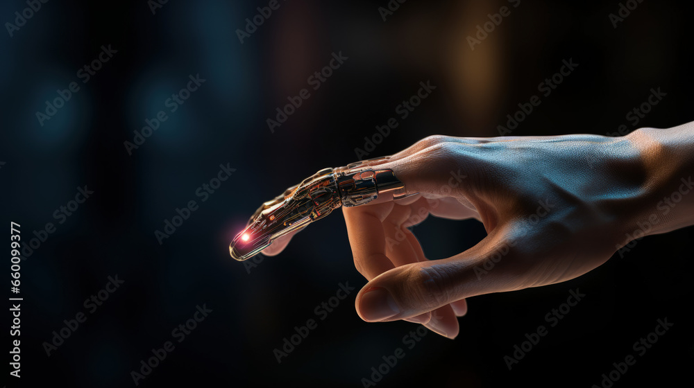 Conceptual image of a human finger delicately touching a robot's ...