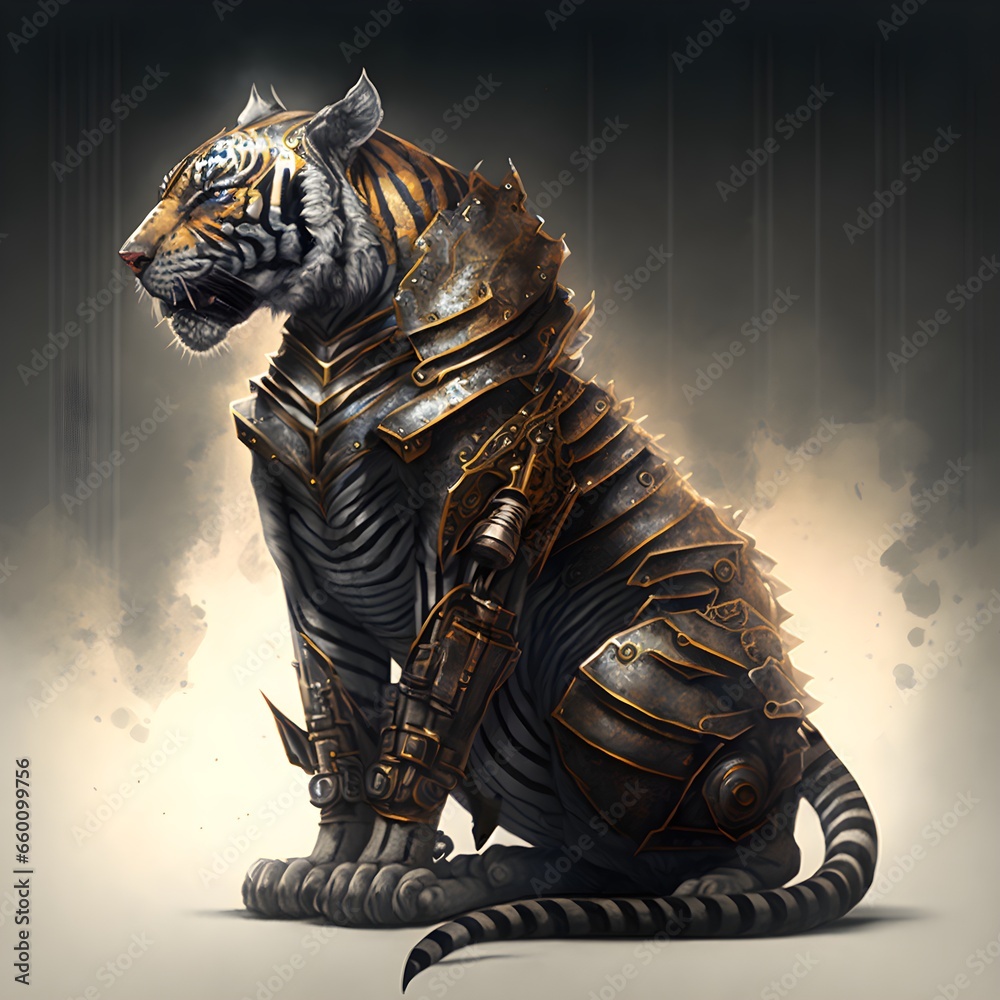 realistic drawing of quadrupedal tiger zoo animal wearing metal barding ...