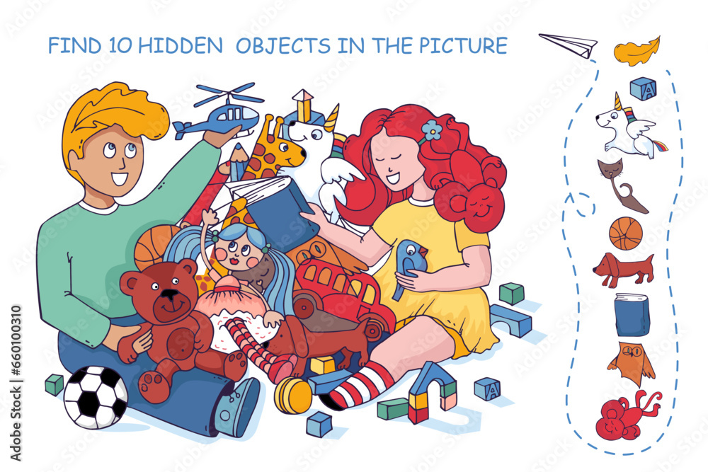 Kids with Pile of Toys. Find Hidden 10 Objects in the Picture. Puzzle ...