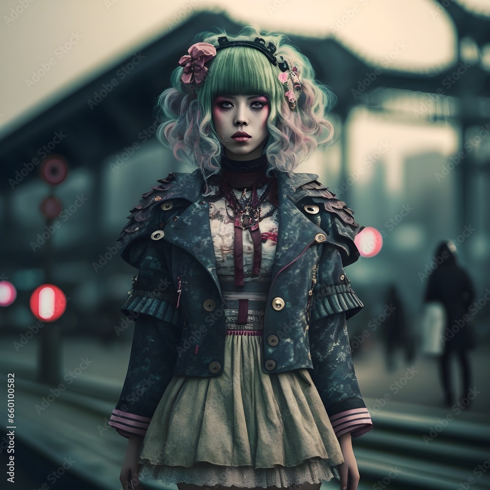 girl in Dolly Kei fashion full body Japanese street fashion heavy ...