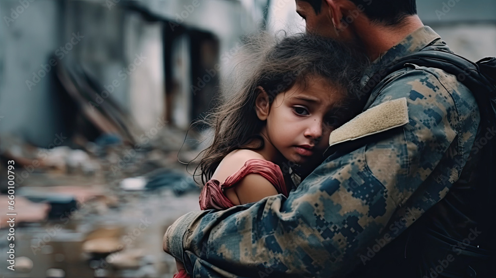 Soldier holds a child refugee little girl sad from being forced to flee ...