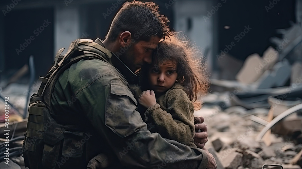 Soldier holds a child refugee little girl sad from being forced to flee ...