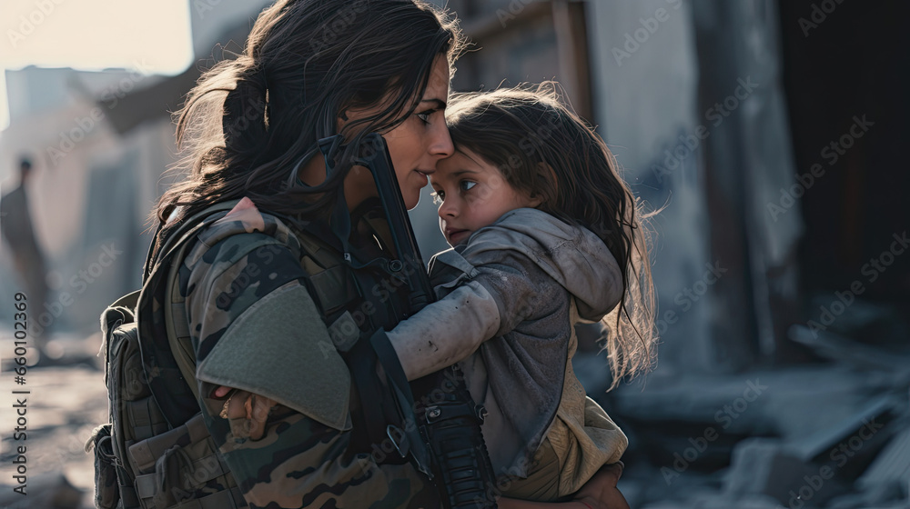 Soldier holds a child refugee little girl sad from being forced to flee ...