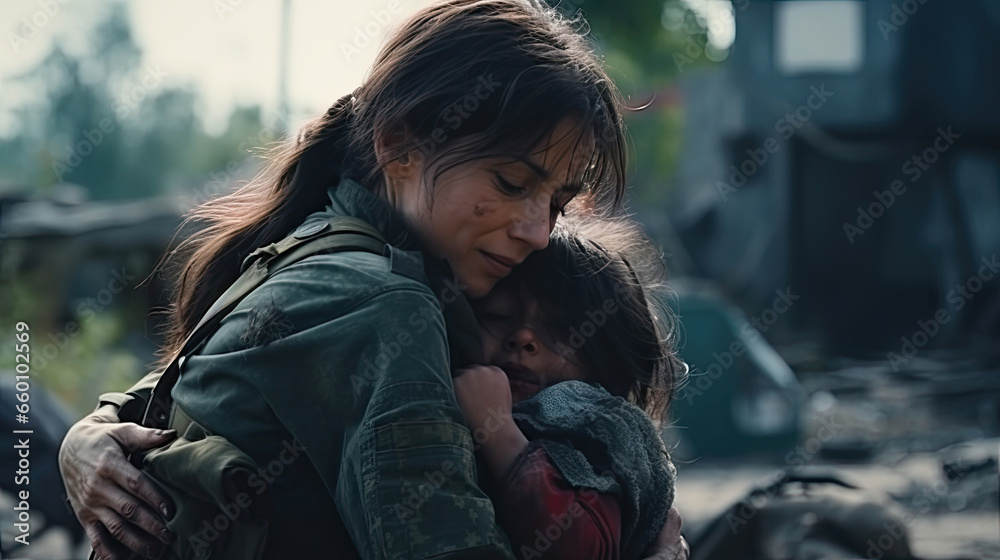 Soldier holds a child refugee little girl sad from being forced to flee ...