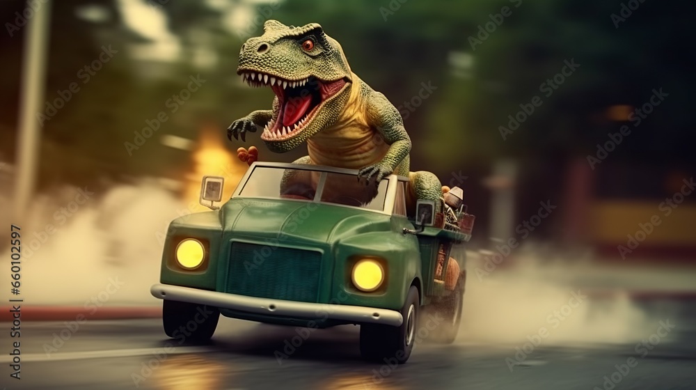Dinosaur cartoon character,T-Rex Riding a car Stock Photo | Adobe Stock