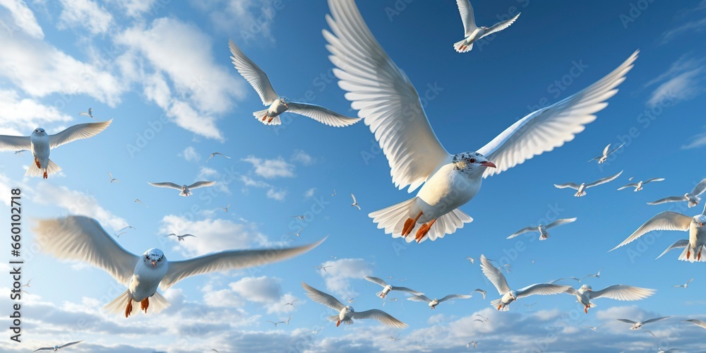 Flock of birds flying under beautiful sunny sky and clouds. Seagulls ...
