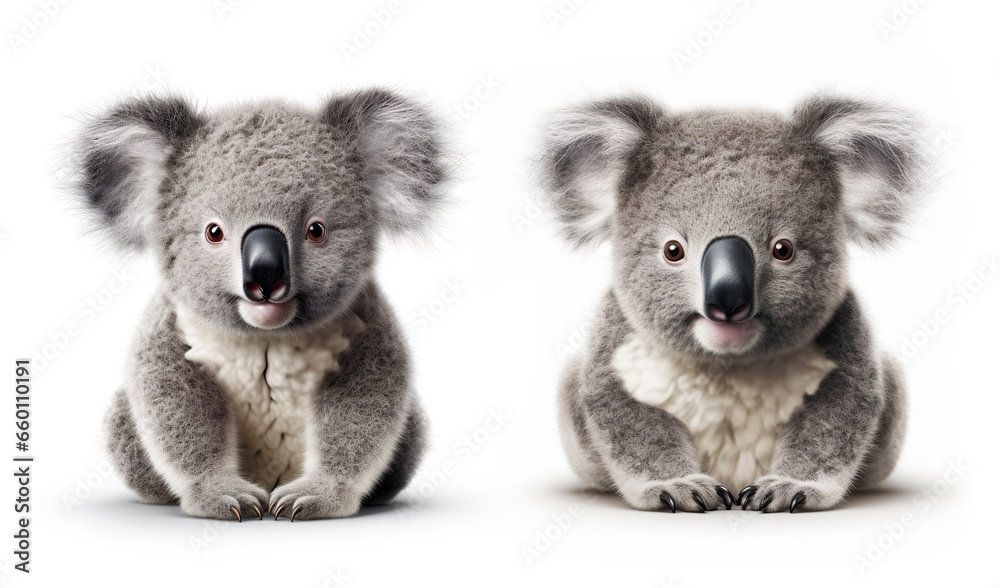 Set of two cute fluffy baby koalas isolated on white background ...