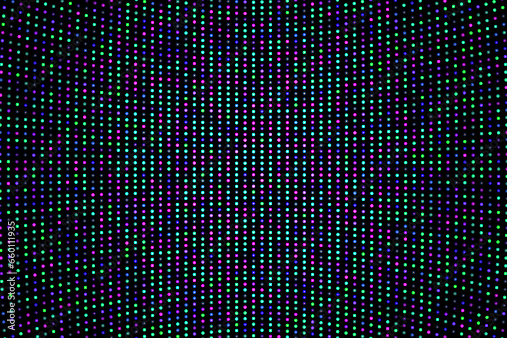 Concave LED screen with round purple, blue and green diodes. Black ...