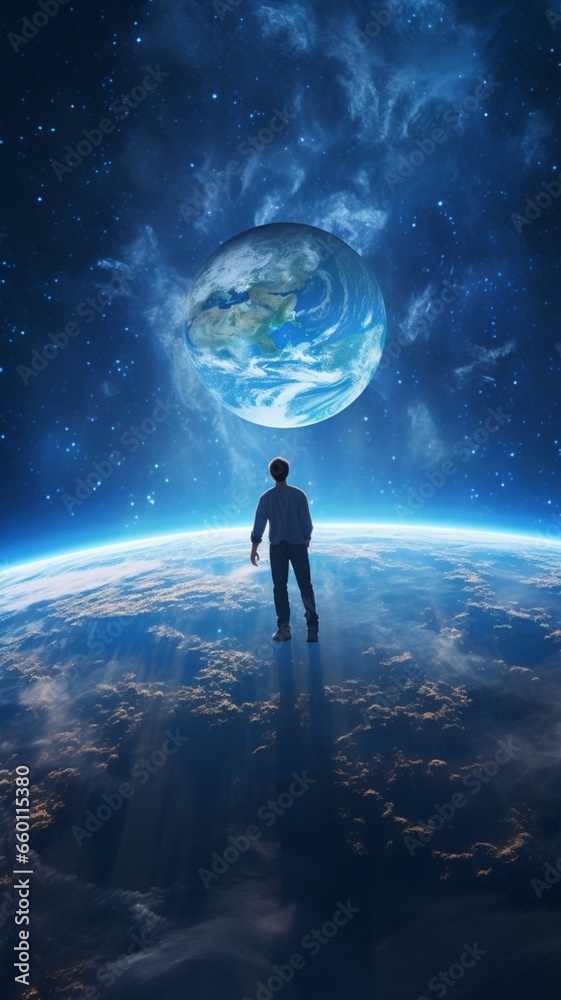 Man floating in space above big blue white globe Ai generated art Stock ...
