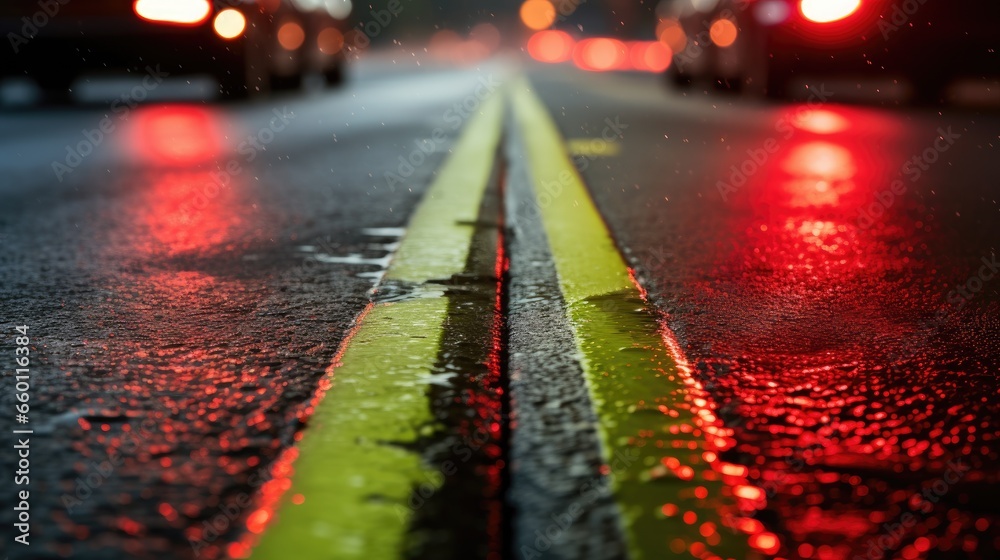 Wet asphalt road with cars in the city lights. Automobiles drive along ...