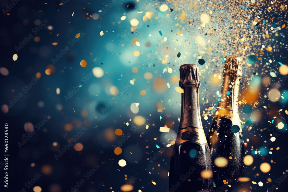 Celebration background with champagne bottle, confetti stars and party ...