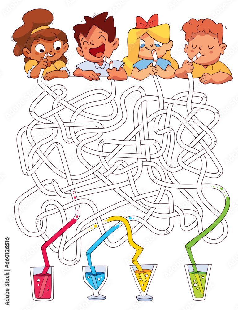 Children logic game to pass maze. Kids drink cocktails. Color straws ...