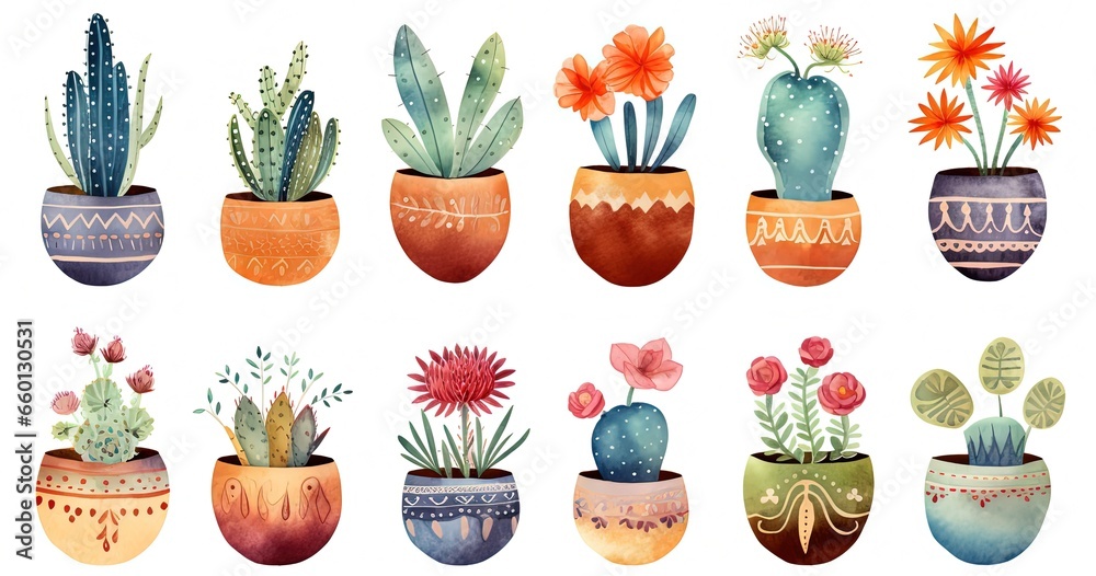watercolor style cartoon illustration of cute flower pots blossoming in ...